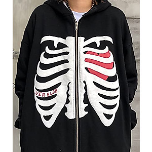 EMILYLE Women Oversized Zip Up Hoodie Fashion Long Sleeve Graphic Skeleton Sweatshirt Cool Outwear(black-1,M)