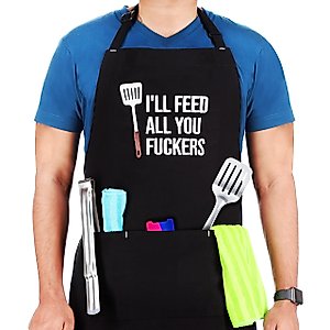 Exzillant - Embroidered Funny Aprons for Men - 3 pockets - Birthday, Christmas and Cooking Gifts for Dad, Brother, Husband - Polycotton -Black