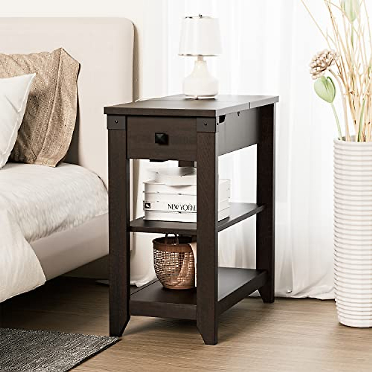Narrow End Table with Charging Station, Flip Top Sofa Side Table with USB Ports and Outlets Farmhouse Nightstand with Storage Small Bedside Table for Bedroom Living Room Small Space