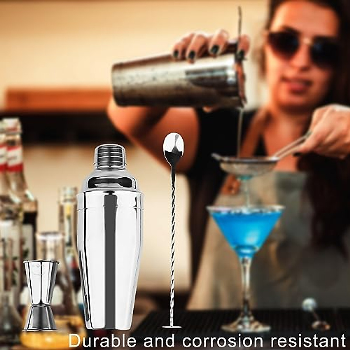 Arora 24OZ Cocktail Shaker Mixer Set, 3Pcs Bar Acccessories Including Martini Shaker, Long Handle Mixing Stirring Spoon, Cocktail Jigger for Bartending, Ideal Mixology Bartender Kit Home Bar Gift
