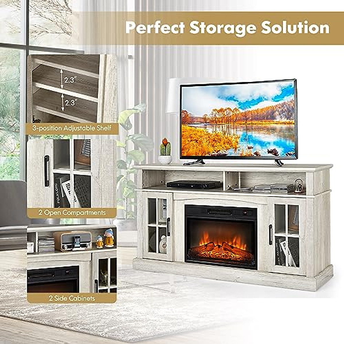COSTWAY Electric Fireplace TV Stand for TVs Up to 65 Inches, 1400W Heater Insert with Remote Control, 6H Timer, 3-Level Flame, Overheat Protection and CSA Certification, Adjustable Shelves, Grey
