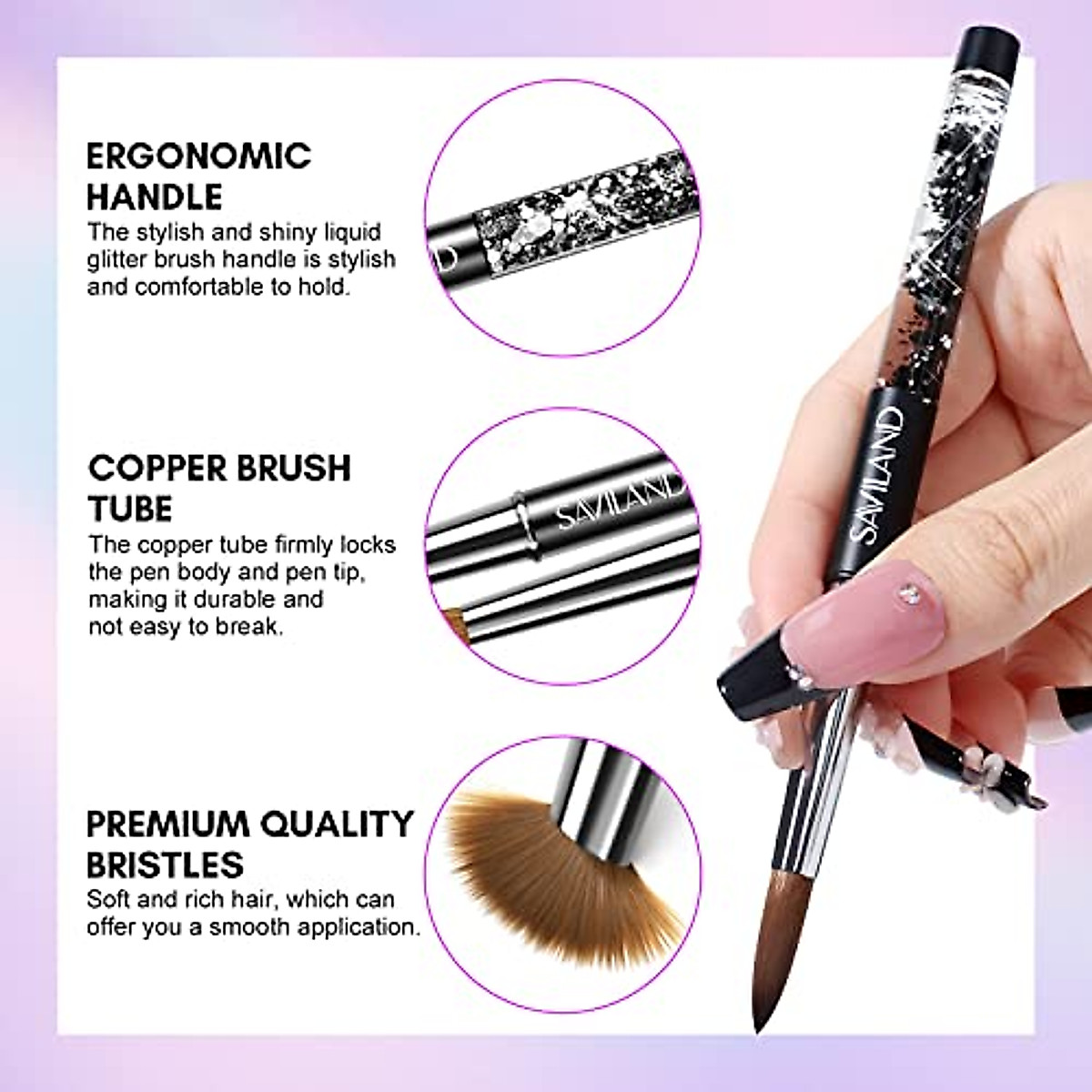 Saviland 11PCS Kolinsky Acrylic Nail Brush set - Size 4/6/8/10/12/14/16 Acrylic Powder Brushes for Acrylic Nails Extension & 3D Nail Carving