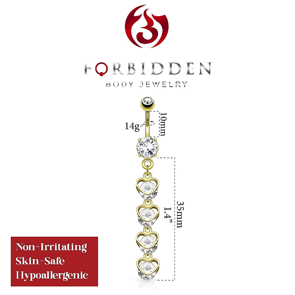 Forbidden Body Jewelry 14k Gold Plated Surgical Steel CZ Cascade of Hearts Dangle Belly Button Ring