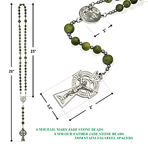 St Patrick Green Jade Rosary, Irish Rosary with Stainless Steel Celtic Cross and Medal