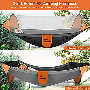 Outerman Camping Hammock with Mosquito Net, Portable Single Hammock with Tree Straps, Easy Setup, Lightweight Nylon Parachute Hammocks for Indoor, Outdoor, Backpacking, Travel, Patio, Hiking (Gray)