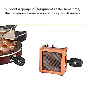 Wireless Guitar System, Wireless Guitar Transmitter and Receiver, 3.7V 600mAh 20Hz-20kHz UHF Built-in Rechargeable Support 4 Channels Transmitter Receiver with Plug for Electric Guitar Bass Organ