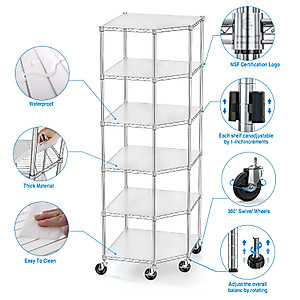 Kitchen Shelves Corner Garage Storage, 6 Tier Metal 2100LBS Shelf NSF Metal Shelf Wire Corner Unit, Adjustable Heavy Duty Storage Rack Utility Steel Storage Rack for Kitchen Basement Shelving (Chrome)