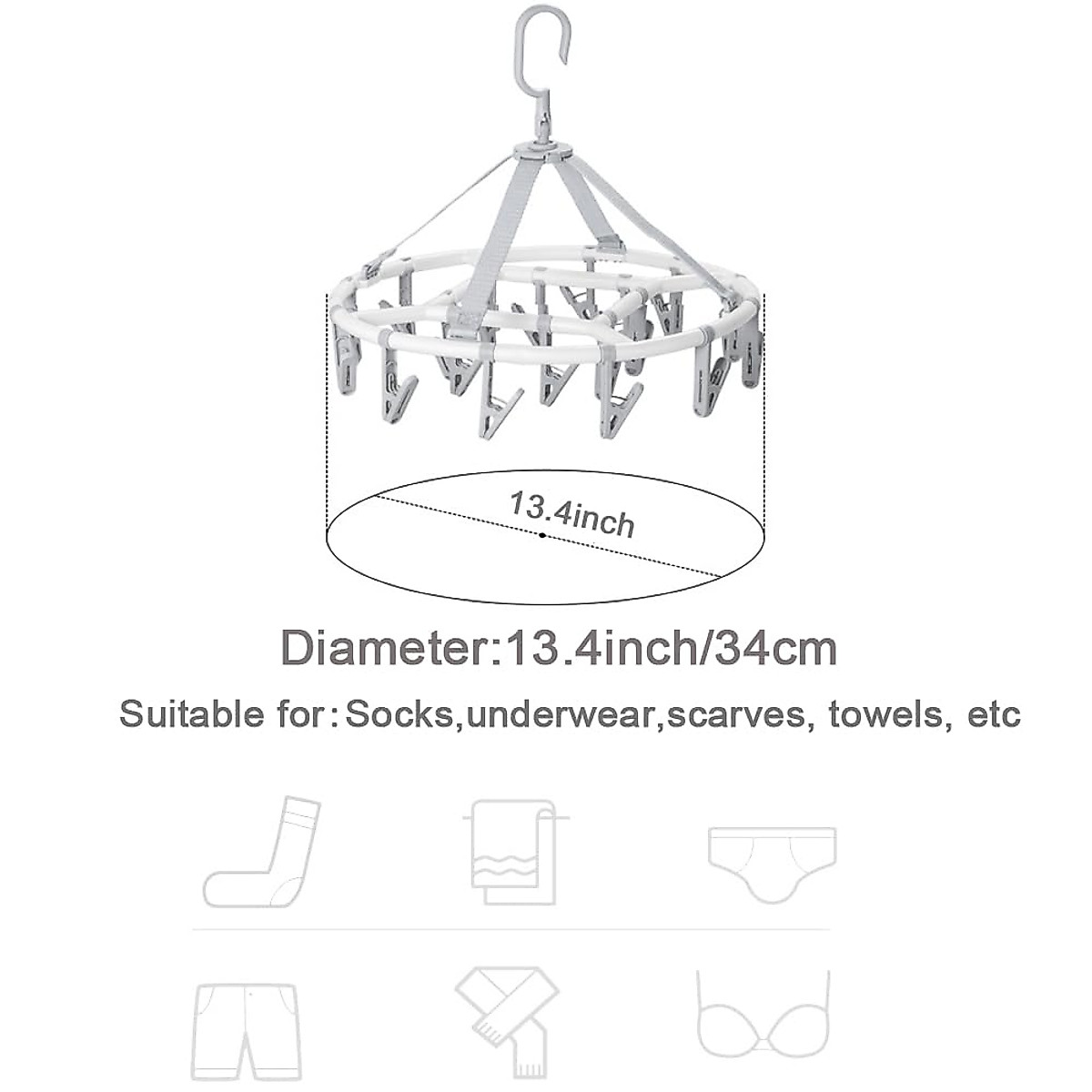 Foshine Clothes Drying Racks Foldable Clip Hangers Drip Hanger Plastic with 20 Drying Clips (Light Grey-Circle)