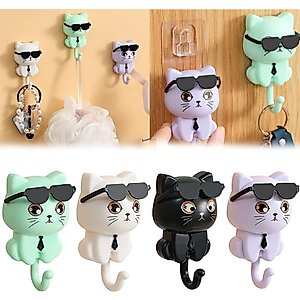 Wall Cat Key Organizer, 2 Cartoon Cat in Sunglasses Creative Gra-vity Hook, Adhesive Coat Hooks Key Holder for Wall Decorative, Pet Wall Hooks for Hanging Key, Bag, Hat, Towel
