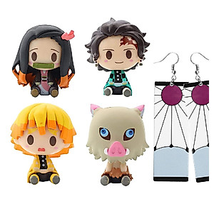 4 Pcs Demon 鬼滅 Slayer Mini Figures with Tanjiro Earrings, 1.77 Inch Anime Figure Set, Tanjiro Pop Figure Statues for Car Home Decoration