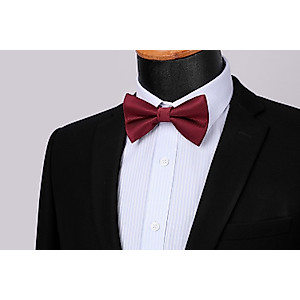 HISDERN Bow Ties for Men Burgundy Pre-Tie Bow Tie and Pocket Square Set Adjustable Solid Color Bow Tie Classic Men's Tuxedo Bowtie for Wedding Party