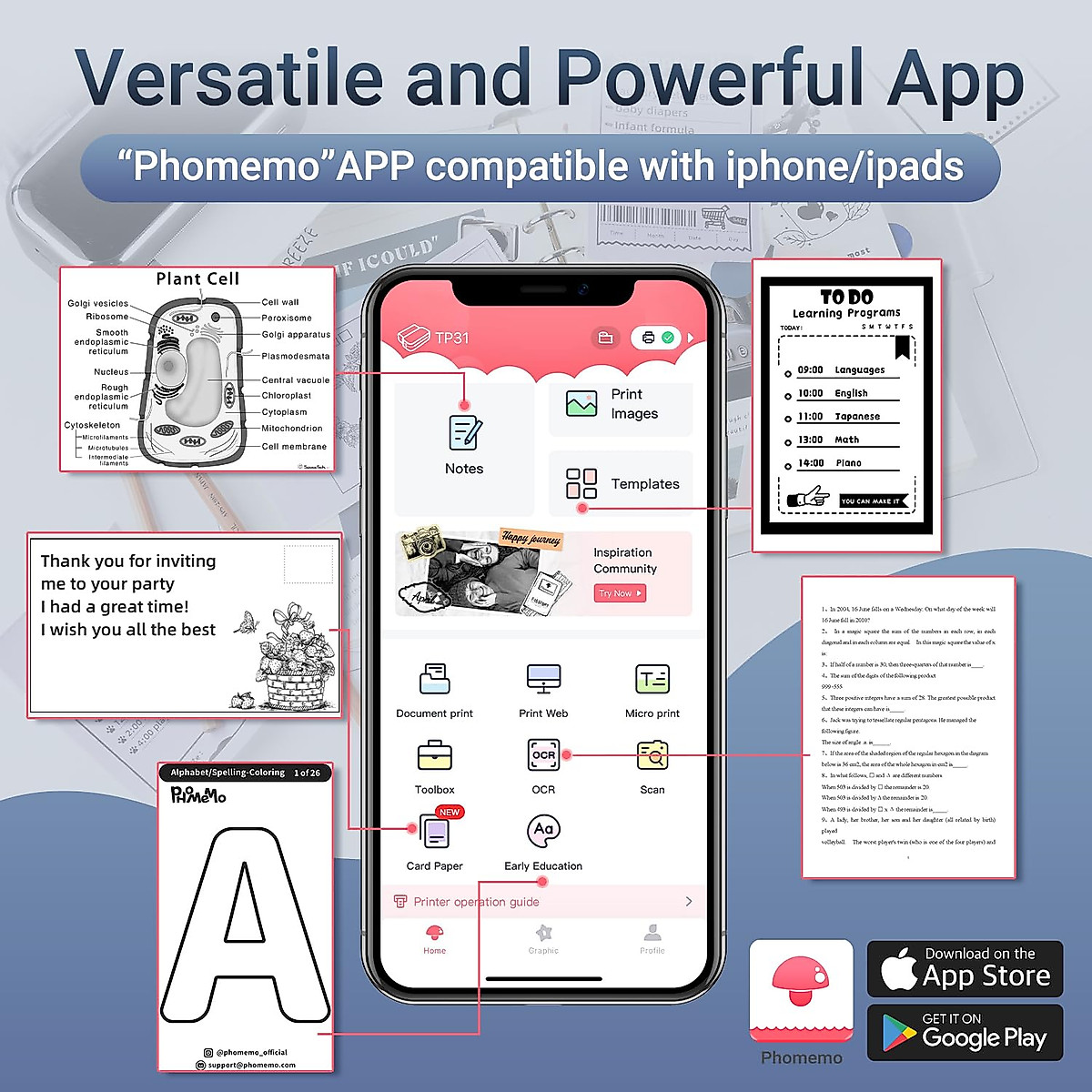 PhoFuta Mini Printer for iPhone, Sticker Printer Machine Portable Thermal Inkless Photo Printer via Bluetooth, Can Print 53mm(2 inch)/80mm(3 inch) Width Paper,Note Buddy Best for Memo,Journal,Plan