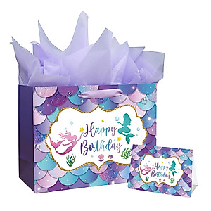 13" Large Mermaid Happy Birthday Gift Bag with Handle, Tissue Paper and Card for Kids Girls