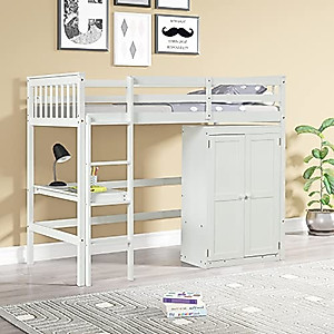 BIADNBZ Wooden Loft Bed with Desk and Wardrobe, Twin Size Loftbed Frame with Storage Closet&Bulid-in Ladder, for Kids Teens Bedroom, White