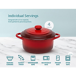 Kook Ceramic Mini Cocotte Set, Small Casserole Dishes with Lids and Handles, Individual Baking Ramekins, Oven, Microwave & Dishwasher Safe, Stoneware, 12 oz, Set of 4