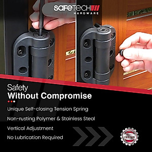 Safetech Hardware MegaKlik Self Closing Gate Hinges | Self-Aligning Heavy Duty Spring Hinges | Adjustable Tension | Pool safety Hinge | Square Post, Aluminum Gates | Swing Close 185 lbs SHH135 - Black