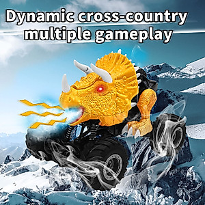 Bravepal Remote Control Stunt Dinosaur Car - 360° Rotation Off Road Monster 2.4 GHz RC Trucks Toy, 2 Rechargeable Batteries RC Car with Sound Effects, Flash Roar Spray and Lights for Boys Girls