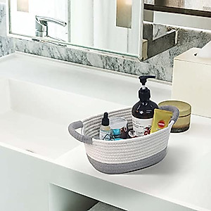 Caroeas 3-Piece Rectangle Small Cotton Rope Basket, Woven Storage Basket, Home Decor Shallow Basket for Baby, Nursery, Toy Storage, Montessori, White and Gray