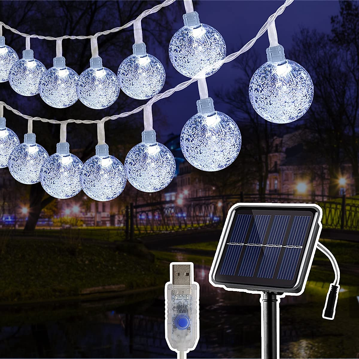 White String Lights Solar/USB Powered, 60LEDs 26Ft Crystal Globe Fairy Lights with Multi-Modes & Waterproof Function for Outdoor Garden & Indoor Room Decor