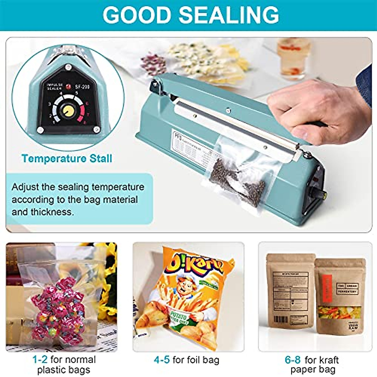 Suteck 8 inch Impulse Bag Sealer, Manual Poly Bag Sealing Machine w/Adjustable Timer Heat Seal with 50Pcs 4X6 Inch Shrink Wrap Bag and 2 Free Replacement Kit