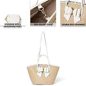 Like Dreams Women Fashion Hand-woven Straw Tote Bag Vegan Leather Bowtie Polka Inner Structured Summer Beach Handbag (White)
