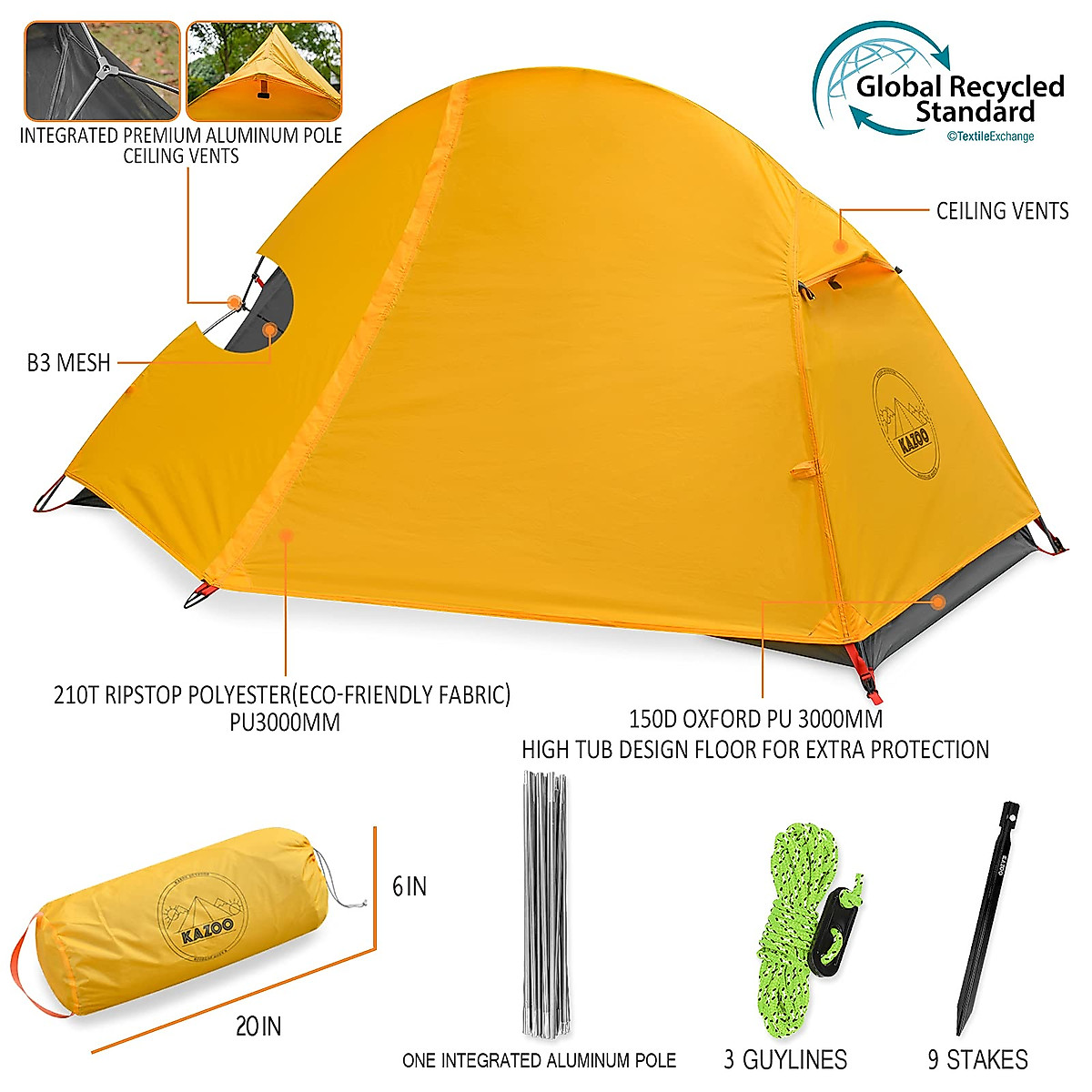 KAZOO Waterproof Backpacking Tent Ultralight 1 Person Lightweight Camping Tents 1 People Hiking Tents Aluminum Frame Double Layer (Eco-Friendly Fabric) (Bright Yellow)