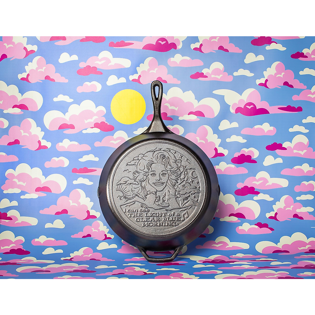 Lodge 13.25 Inch Dolly Parton Pre-Seasoned Cast Iron Stamped Skillet - Signature Teardrop Handle - Use in the Oven, on the Stove, on the Grill, or Over a Campfire - Clear Blue Morning