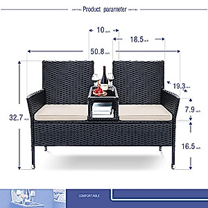 Devoko Outdoor Patio Loveseat Modern Rattan Patio Conversation Furniture Set with Cushions & Built-in Coffee Table Porch Furniture for Garden Lawn Backyard (Beige)