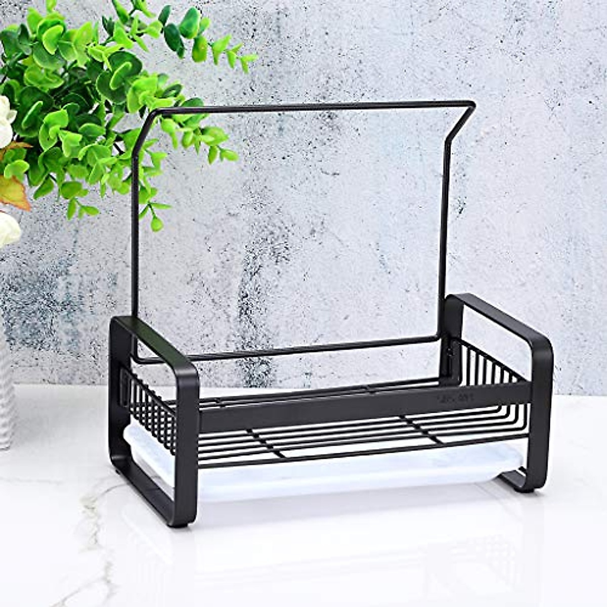 JUXYES Stainless Steel Sponge Holder with Dishcloth Drying Rack, Kitchen Sink Organizer Caddy Tray Sponge Brush Soap Holder with Removable Drain Tray for Kitchen (L, Black)