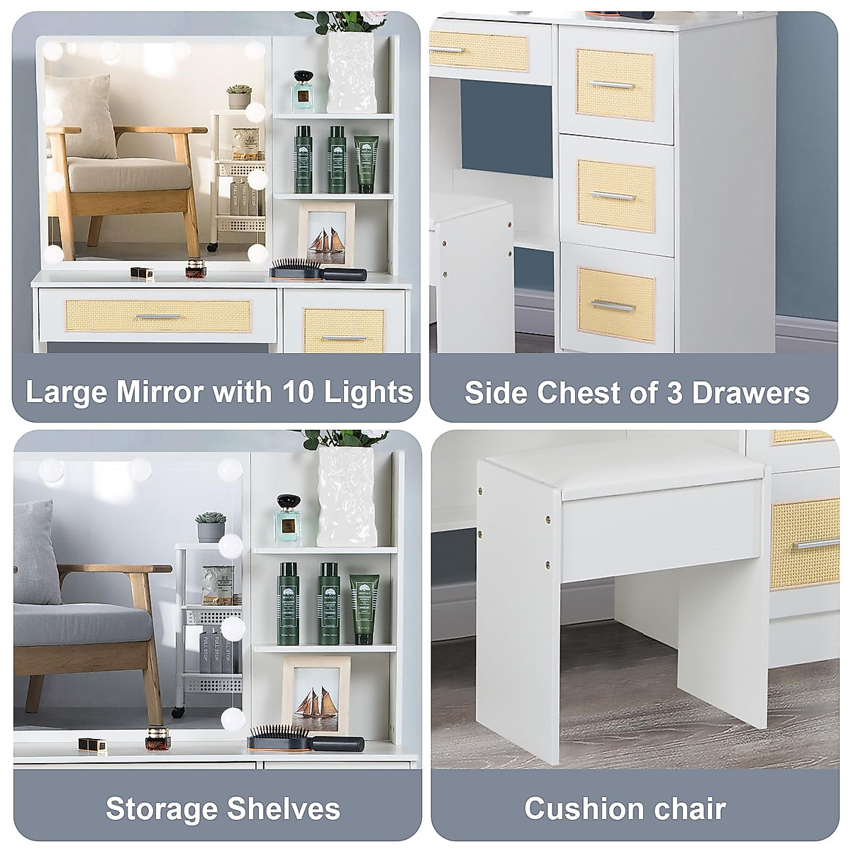 Lucaseone Vanity Table with Lighted Mirror, Makeup Vanity with Lights and Drawers, Vanity Desk Dressing Table with Cushioned Stool for Bedroom (Modern3076)