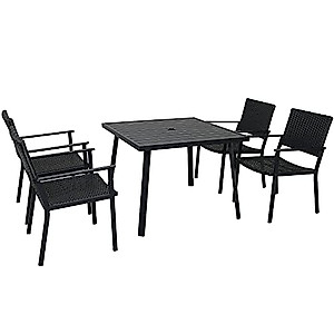 HHOK 5-Piece Table Umbrella Hole and 4 Dining Chairs for Garden, Deck, Outdoor Patio PE Wicker Sets, Frame+Black Rattan