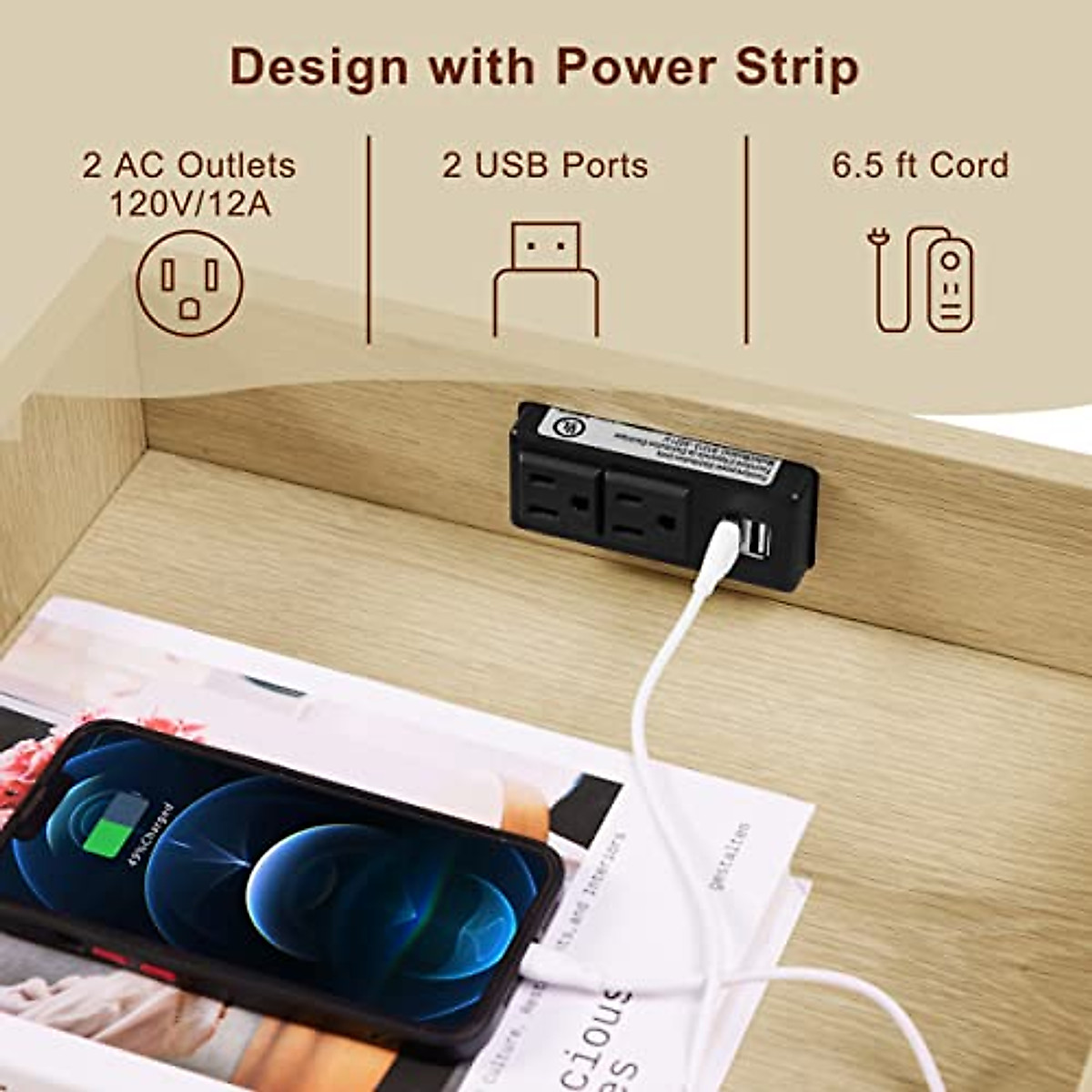 2 PC Nightstands with 2 Natural Rattan Decorated Drawers, Bedside End Table Side Table with 2 AC Outlets & 2 USB Ports, Solid Wood Legs & Particle Board Frame, Natural