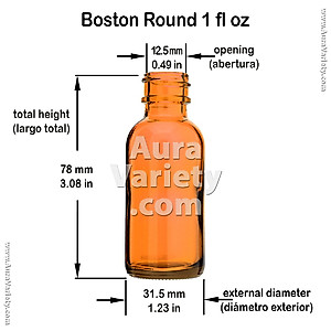 AURA VARIETY 24 Pack Boston Round 1 OZ 30 ML Amber Glass Bottles with Poly Cone Lined Black CAPS