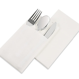 White Dinner Napkins Disposable - 100Pack Linen-Feel Paper Napkins with Built-in Flatware Pocket, Prefolded Cloth Like Paper Napkins Bulk For Dinner, Wedding, Party or Everyday Use