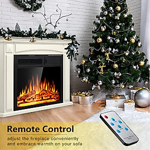 R.W.FLAME 27” Electric Fireplace Mantel Wooden Surround Firebox, TV Stand with Freestanding Electric Fireplace, Remote Control, Adjustable Led Flame, 750W/1500w Off White