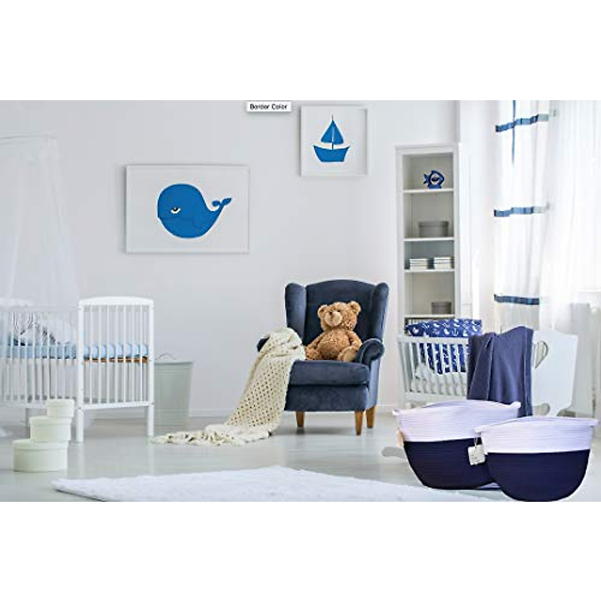 StorageWorks 100% Natural Cotton Rope Hand-Woven Basket- Two Color Design- White & Seaglass- 2 Pack