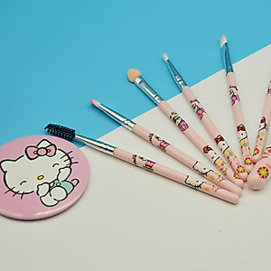 7 PCS Kitty Makeup Brush with Kitty Cat Mirror-Cosmetic Makeup Brush Set Tool Kit Set Brush Set Best Gift for Young Girl Women