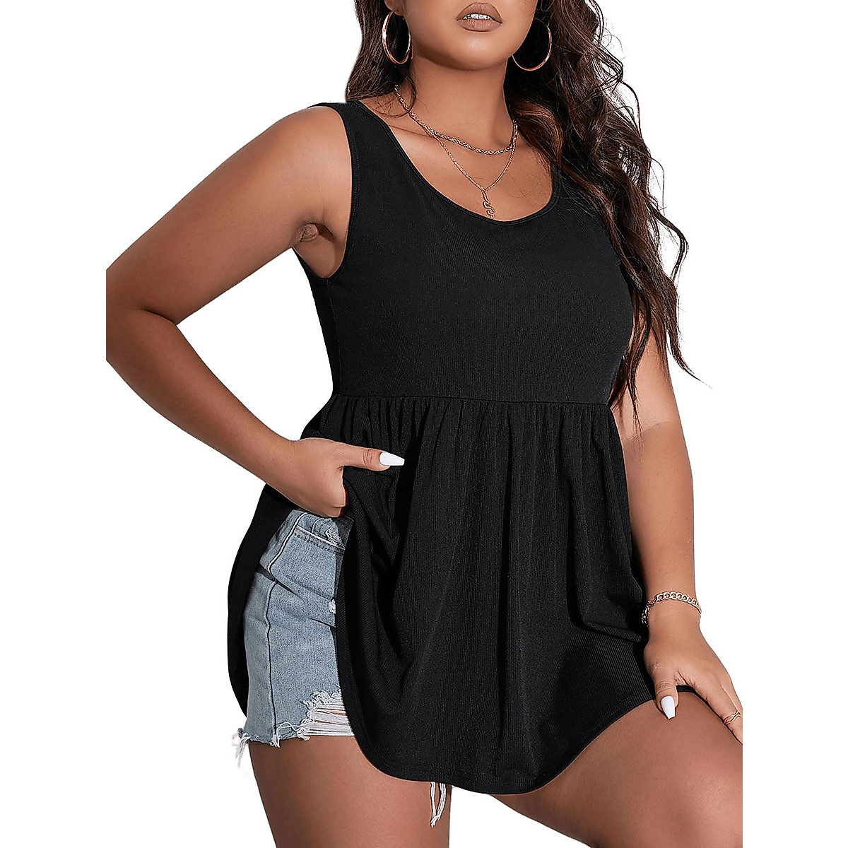SOLY HUX Women's Plus Size Sleeveless Summer Tops Peplum Tank Top Scoop Neck Ruffle Hem Shirts Black 3XL