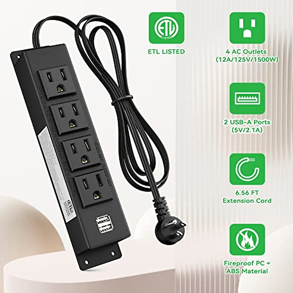 Wall Mount Power Strip with USB, 4 AC Outlet and 2 USB Ports, 6.5 FT Flat Plug Extension Cord, Mountable Power Strip Outlet for/Workbench/Office/Drawer/Nightstand/Cabinet/Desk/Table
