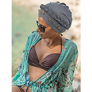 4 Pieces African Women Turban Cap Head Wraps Beaded Headscarf Beanie Wrap (Black, Grey, White, Red,Bead Style)