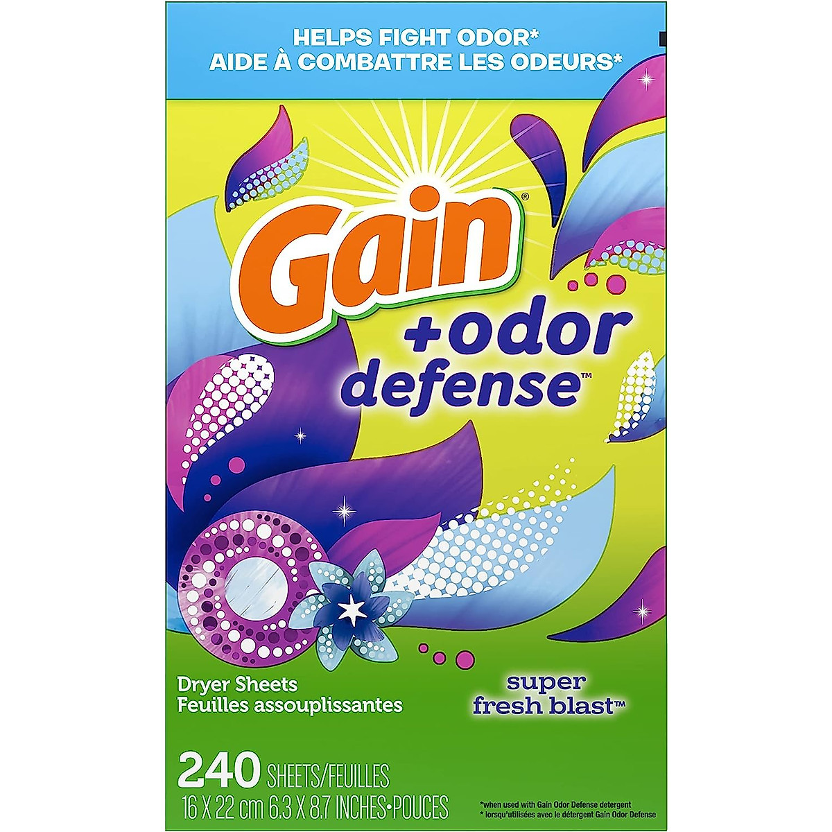 Gain + Odor Defense Dryer Sheets, Super Fresh Blast Scent Fabric Softener Sheets, 240 ct
