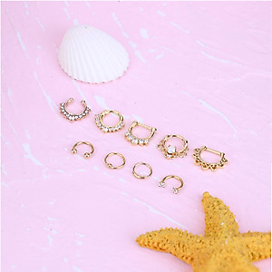 JOERICA 9 Pcs Stainless Steel Septum Hoop Nose Rings Cartilage Daith Earrings Clicker CZ Body Piercing Jewelry