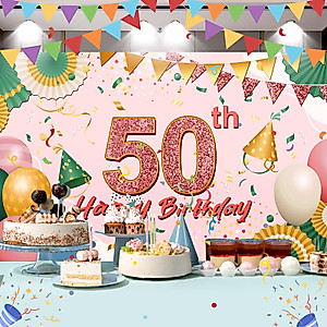 Bing-Haoze 50th Happy Birthday Backdrop - 71" x 44" Pink Happy Birthday Decorations Banner Party Decorations Supplies for Women Unforgettable 50th Birthday Celebrations!