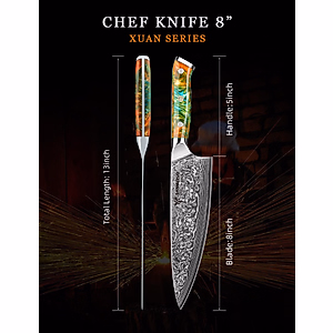 SANMUZUO Chef Knife - 8 inch - Xuan Series - VG10 Damascus Steel Kitchen Knife - Resin Handle (Fantasy Orange)