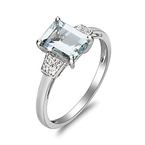 Gin & Grace 10K White Gold Genuine Blue Aquamarine Ring with Diamonds|Ethically, authentically & organically sourced (Emerald-cut) shaped Aquamarine hand-crafted jewelry for her | Aquamarine Ring