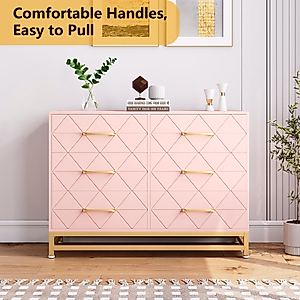 GarveeHome Dresser for Bedroom with 6 Drawer Double Dressers, Modern Wooden Dresser Chest, Beside Table for Closet, Nursery, Living Room, Pink