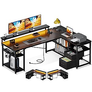 ODK L Shaped Gaming Desk with File Drawers, Reversible Computer Desk with Power Outlets & LED Lights, Home Office Desk with Storage Shelves, 61 Inch Bedroom Corner Desk with Monitor Stand, Black
