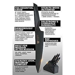 DALSTRONG Knife Block Set - 5pc - Shadow Black Series - Black Titanium Nitride Coated - High Carbon - 7CR17MOV-X Vacuum Treated Steel - Sheath - Kitchen Knife Set with Block - NSF Certified