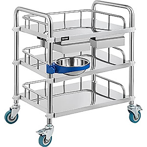 VEVOR Lab Cart 3 Layers Double Drawers Medical Cart with Wheels 1 Refuse Basin Stainless Steel Cart Service Cart for Laboratory, Hospital, Dental, Restaurant Hotel and Home Use (Large)