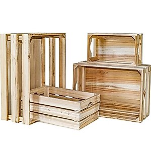 MACVAD Set of 4 Large Wooden Crates Unfinished Office Storage Crates, Decorative Wood Storage Crates for Display, Rustic Pine Wood Organizer Bin Basket for Kitchen Pantry Bathroom